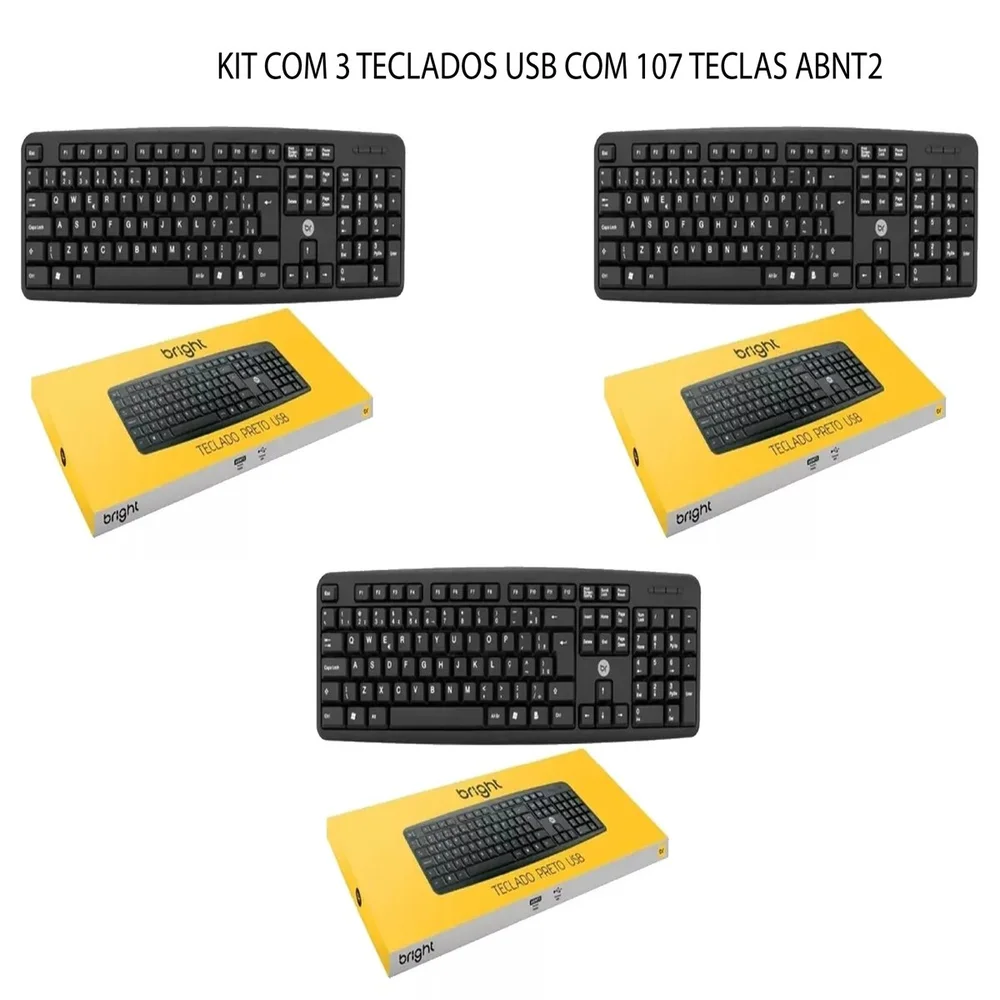 Kit 3 Unidades Teclados USB Com Fio ABNT2 KaBuM